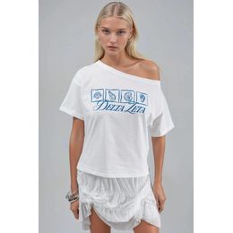 Bedrucktes Boot-Ausschnitt Ein-Schulter T-Shirt