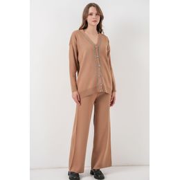 V-Ausschnitt Cardigan und Weit geschnittene Hose Set