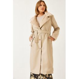 Faux-Fur-Detaillierter Langer Kunstleder-Trenchcoat