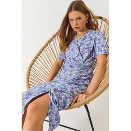 Floral-Print V-Ausschnitt Midikleid mit R&uuml;schendetails