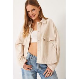 Gabardine Jacke mit Knopf, Taschen und Hemdkragen