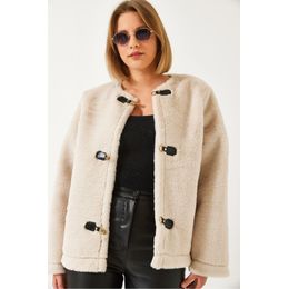 Faux-Fur-Jacke ohne Kragen mit Knopfverschl&uuml;ssen