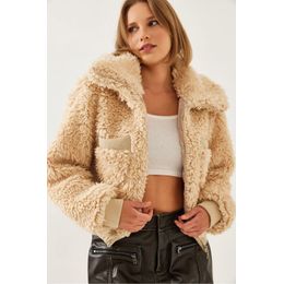 Strukturierte Kunstfell-Cropped Jacke mit Rei&szlig;verschlusskragen
