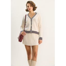 Gestreiftes V-Ausschnitt Knopf-Cardigan und Rock-Set