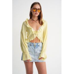 R&uuml;schen V-Ausschnitt Langarm Cropped Bluse