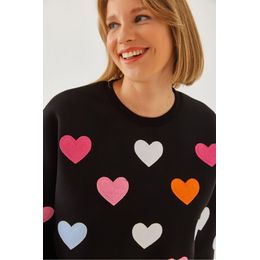 Bestickter Herzmuster Rundhals-Sweatshirt