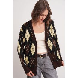Oversize Argyle V-Ausschnitt Knopf-Cardigan
