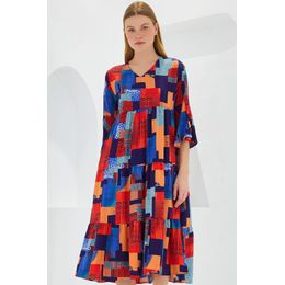 Gemustertes V-Ausschnitt-Midi-Kleid mit kurzen &Auml;rmeln