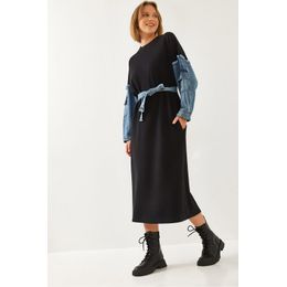 Strukturiertes Denim-Midi-Kleid mit Rundhalsausschnitt