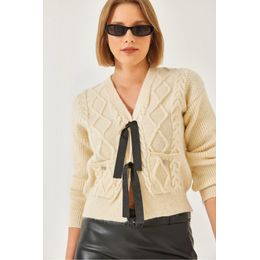 Strukturierter V-Ausschnitt Kurzarmpullover mit Pompon