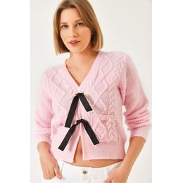 Strukturiertes V-Ausschnitt-Cropped-Cardigan mit Pompon