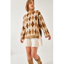 Crewneck Strickpullover mit Schlitz im Baklava-Muster