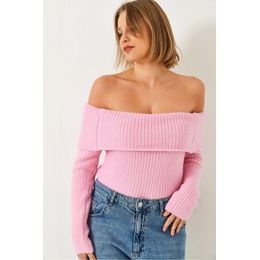 Schulterfreier gerippter Strickpullover mit umgeschlagenem Detail
