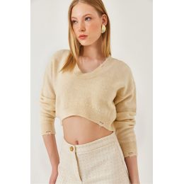 Strukturierter V-Ausschnitt Lockeres Crop-Stricktop