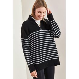 Gestreifter Rei&szlig;verschluss-Kragen Relaxed Fit Pullover