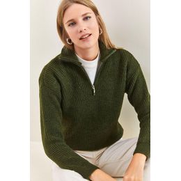 Oversized strukturiertes Strickpullover mit Rei&szlig;verschlusskragen