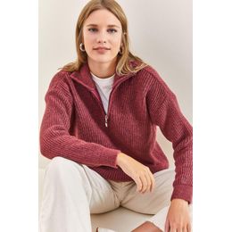 &Uuml;bergro&szlig;er strukturiertes Strickpullover mit Rei&szlig;verschluss-Kragen