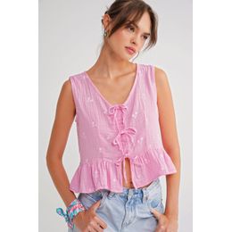Strukturierte V-Ausschnitt Crop-Bluse mit Schleife