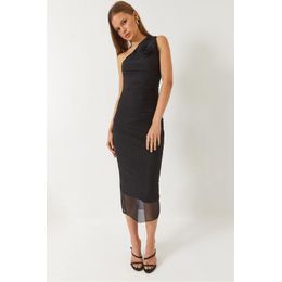 Asymmetrisches Kragen-Midikleid mit Schleife