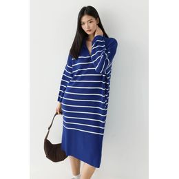 Gestreiftes V-Ausschnitt Midi-Strickkleid mit Schlitz in lockerer Passform