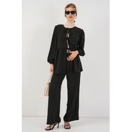 Crew-Neck Lange Tunika und Weitbeinige Hose Set