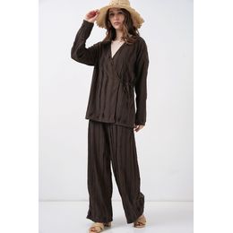 Strukturierter V-Ausschnitt Kimono mit Bindeg&uuml;rtel & Weite Hosen Set