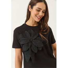 Blumenmuster Rundhalsausschnitt T-Shirt mit Accessoire-Detail