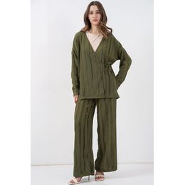 Texturiertes V-Ausschnitt Kimono mit Bindeg&uuml;rtel & weiter Hosen Set
