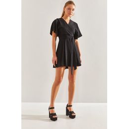 Strukturiertes V-Ausschnitt Mini-Kleid mit Schleife
