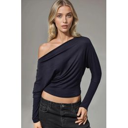 Asymmetrisches Kragen Langarm Elastisches Strick-T-Shirt