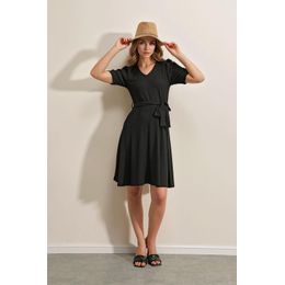 Strukturiertes V-Ausschnitt Midi-Strickkleid mit Schleife