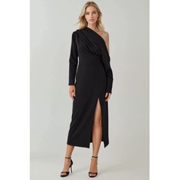 Asymmetrisches Kragen-Midikleid mit Schlitz