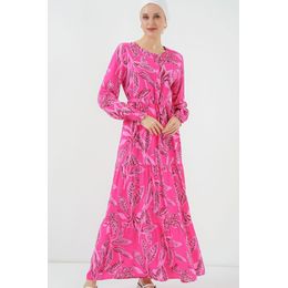 Bl&auml;tterdruck Langarm Schichten-Maxikleid