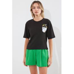 Besticktes Rundhals T-Shirt mit Druck