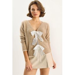 Strick-V-Ausschnitt-Cardigan mit Spitzenbindeschluss