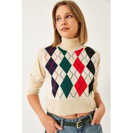 Geometrisches Jacquard-Turtleneck-Crop-Stricktop