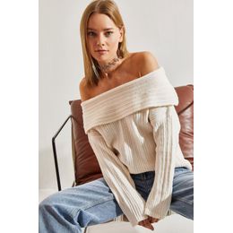 Schulterfreier gerippter Strickpullover