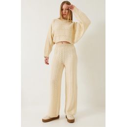 Strukturiertes Strickoberteil mit verk&uuml;rztem Schnitt und weit geschnittene Hose Set