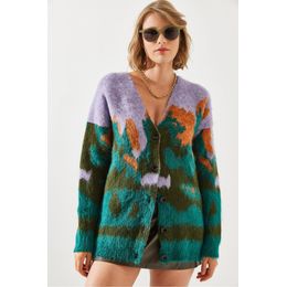 Langer, dicker Jacquard-Cardigan mit Knopfverschluss