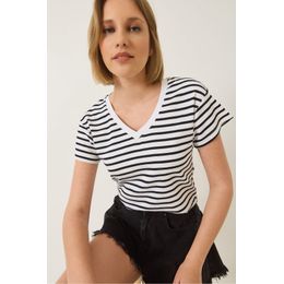Gestreiftes V-Ausschnitt Kurzarm-T-Shirt