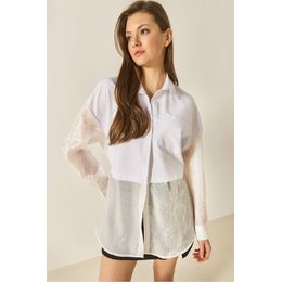 &Uuml;bergro&szlig;es Langarm-Organza-Shirt mit Knopfverschluss