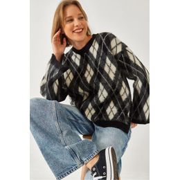 Crewneck-Strickpullover mit Schlitz im Baklava-Muster