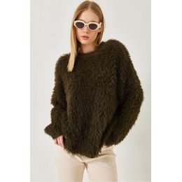 &Uuml;bergro&szlig;er strukturierter Strickpullover mit pl&uuml;schigen Details