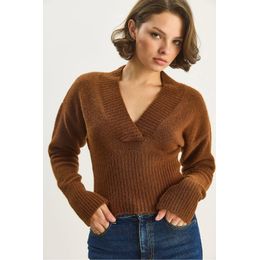 Rippstrick V-Ausschnitt Slim Fit Crop Pullover