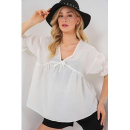 Strukturierte V-Ausschnitt-Bluse mit Schleife