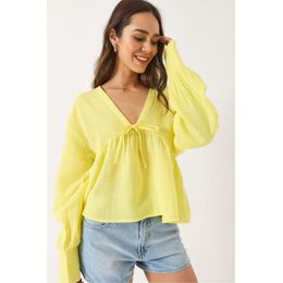 Strukturierte V-Ausschnitt-Crop-Bluse mit Schleife