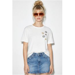 Blumenbesticktes Rundhalsausschnitt T-Shirt