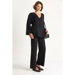Doppelreihige Krawattenbluse und weite Hosen-Set