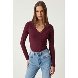 Spitzen-V-Ausschnitt Bluse mit langen &Auml;rmeln