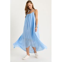 Einfarbiges Spaghettitr&auml;germuslin-Midikleid mit durchscheinendem Saum